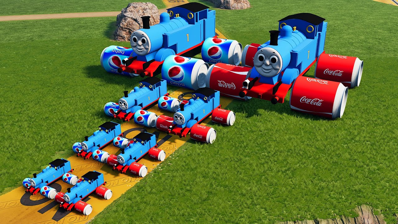 Big & Small Thomas the Tank Engine with soda Wheels vs Train | BeamNG ...