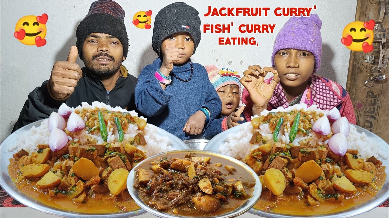 Chingri fish curry jackfruit curry' with rice eating - YouTube