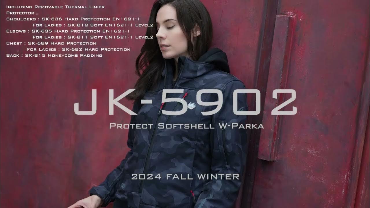 実績を積み重ねたバイク用ソフトシェルパーカーシリーズ JK-5902プロテクターフル装備、着脱保温フーディーのみで単体着用でき用途が広がります - YouTube