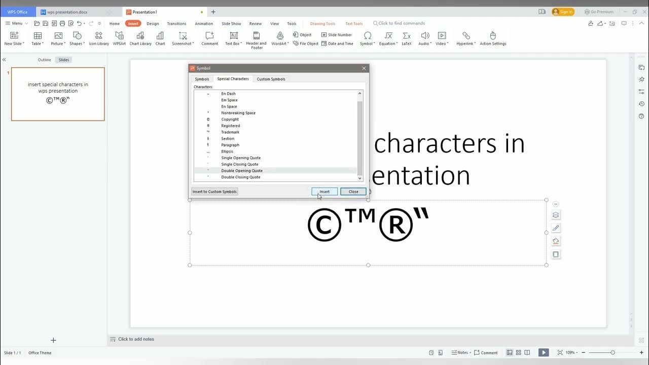 how to insert special characters in wps presentation - YouTube