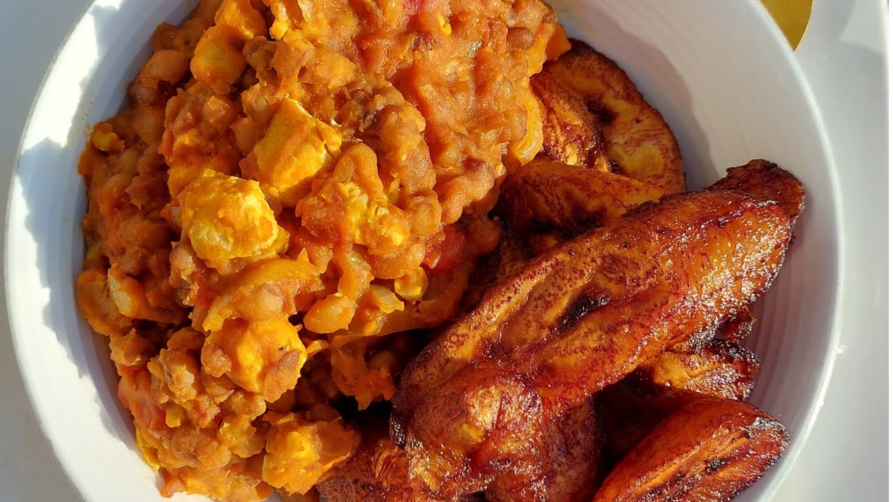 this stewed chicken breast sweet beans served with dodo(fried ripe ...