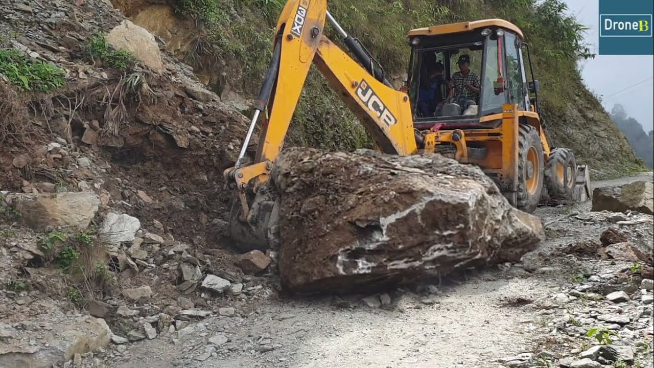 Stone and Land Slide-Backhoe Loader-Clearing Hilly Blocked Road - YouTube