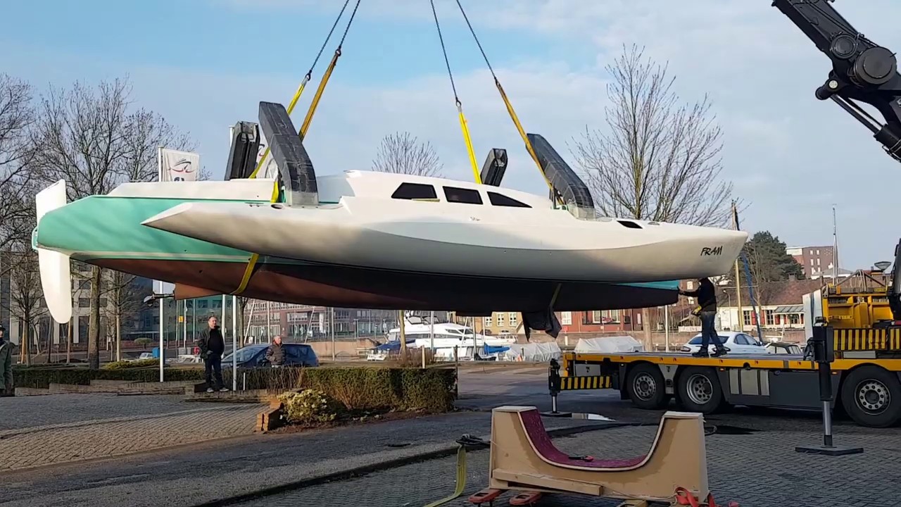 The launch and christening of Fram, my home-built F39 trimaran - YouTube