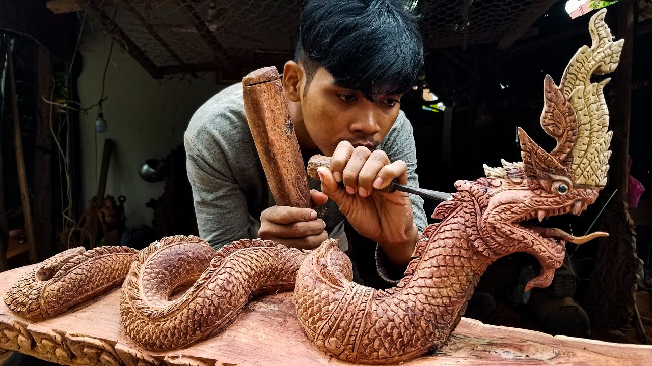 Incridible Amazing Dragon wood carving detail with talent man - YouTube