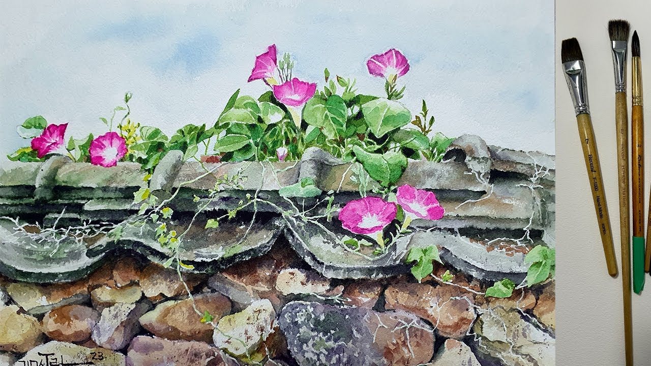 담장 기와 나팔꽃 풍경 수채화 그림 그리기 Youtube