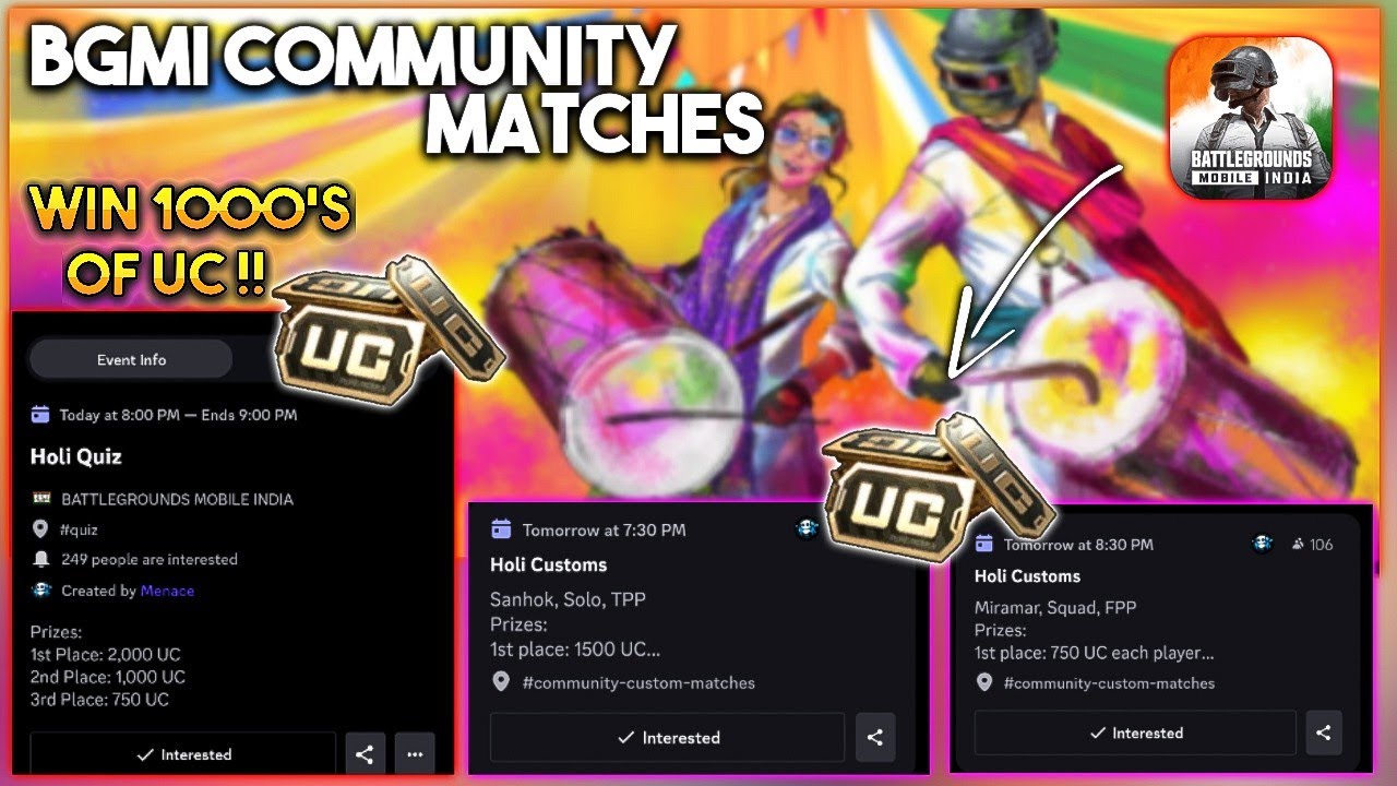 BGMI Community Events ! Win 2000 Uc, 1500 Uc, 750 Uc & More ! Holi ...