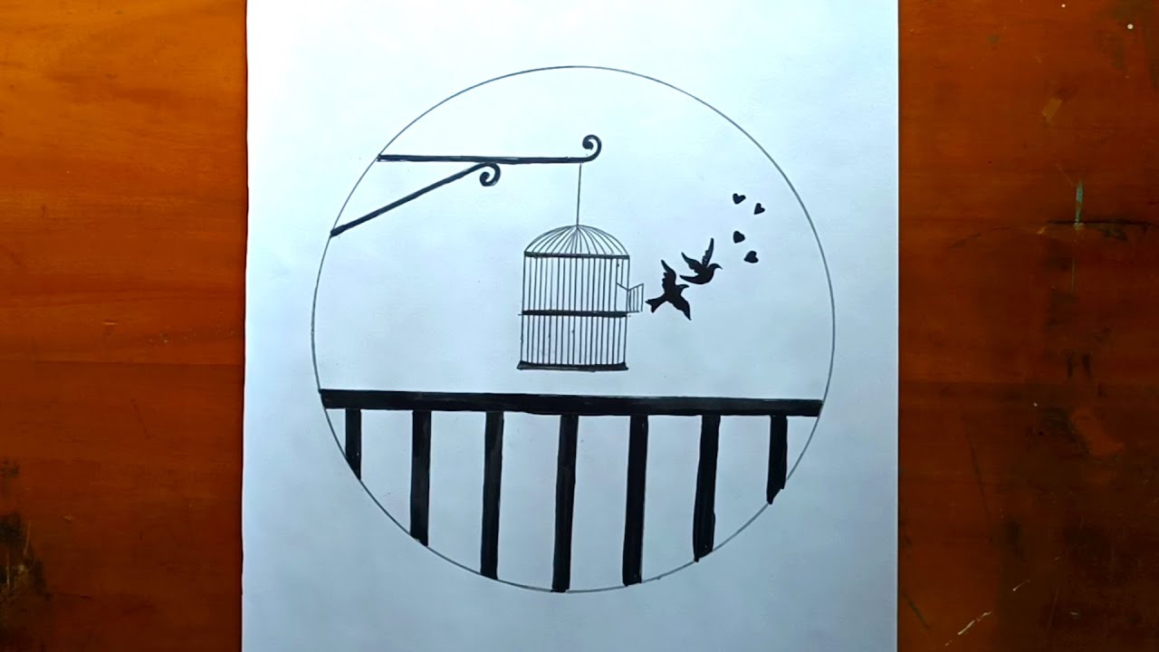 Easy Circle Drawing | Draw Bird Flying Out Of Cage | Pencil Sketch ...
