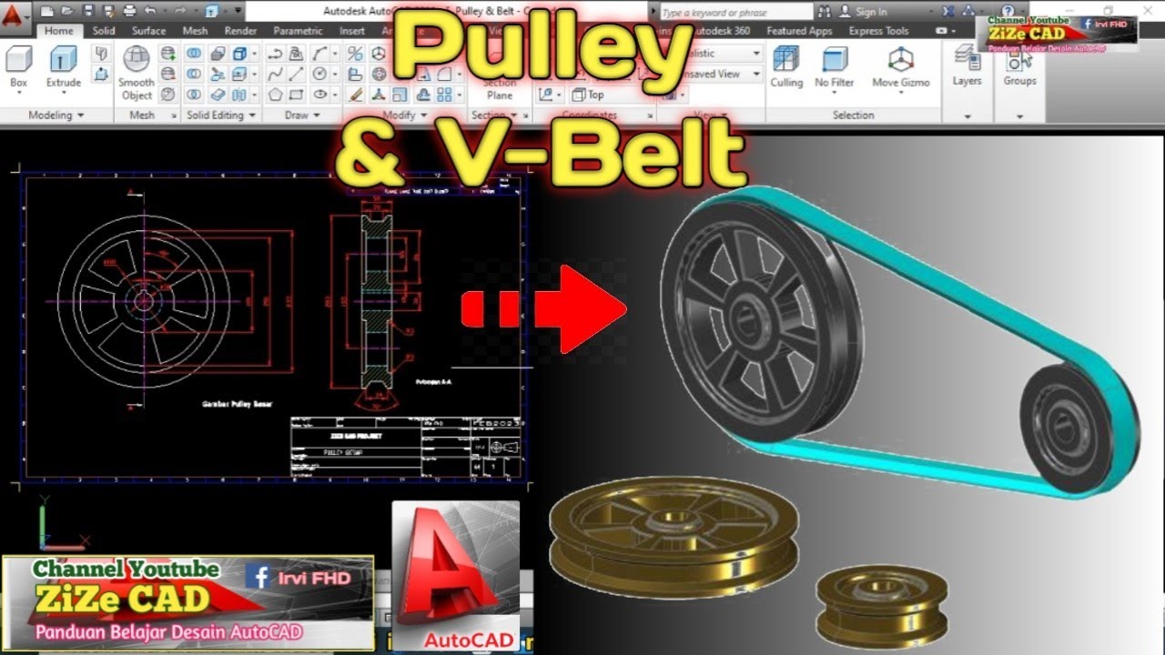 CARA MENGGAMBAR PULLEY & V-BELT AUTOCAD 3 DIMENSI - YouTube
