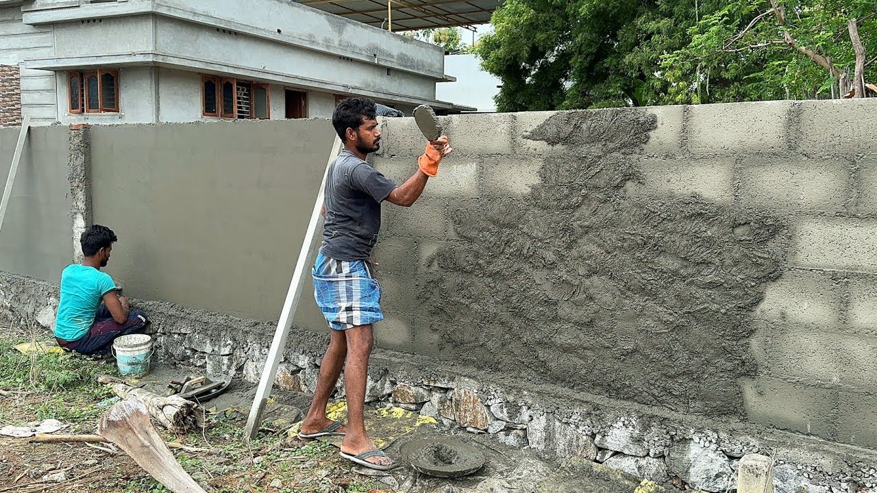 Holllowblock Wall Plastering Technique_Compoundwall Construction|Wall Plastering Method - YouTube