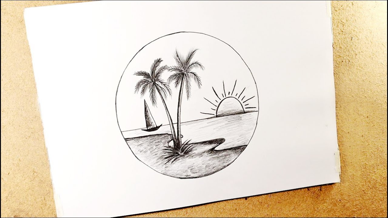 Beautiful natural scenery in circle | Pencil drawing scenery in circle ...