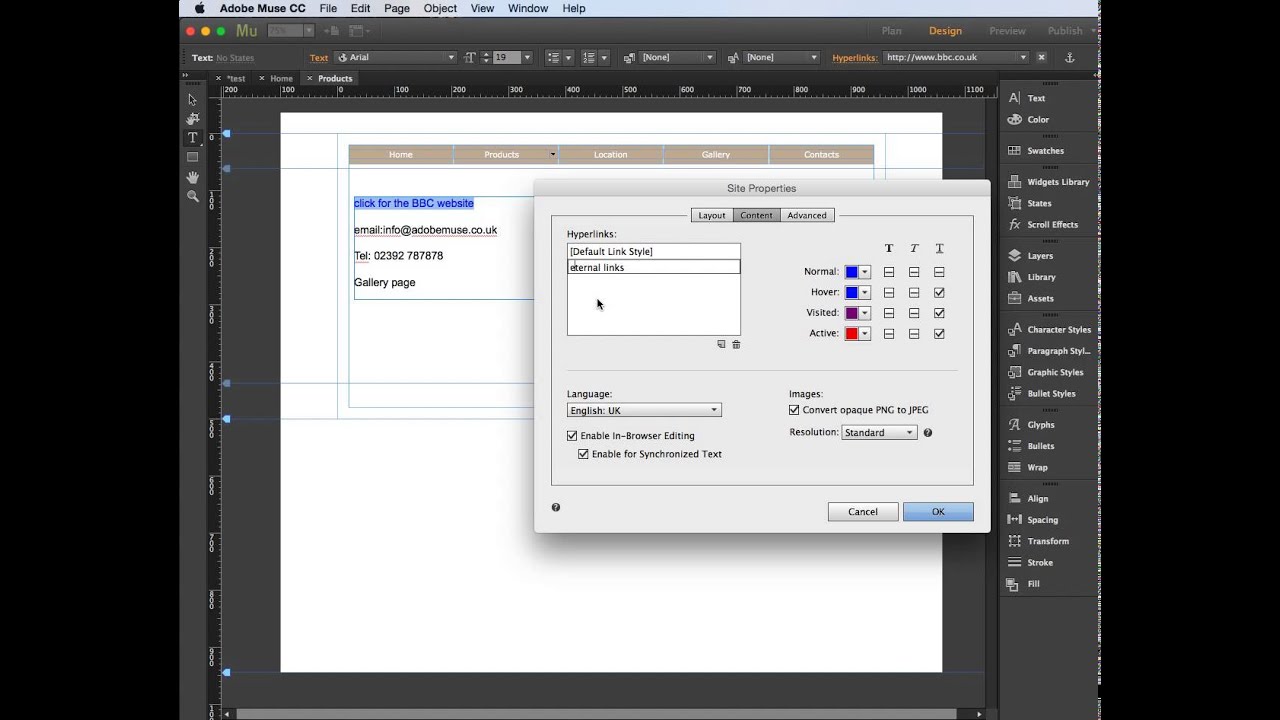 Adobe Muse - creating hyperlinks - YouTube