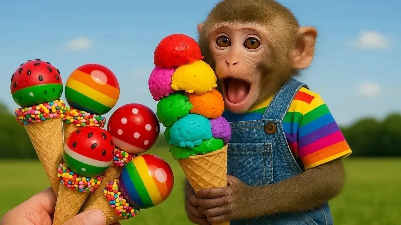 Mono crea helado arcoíris con gatito en el taller de pintura | Baba Em ...