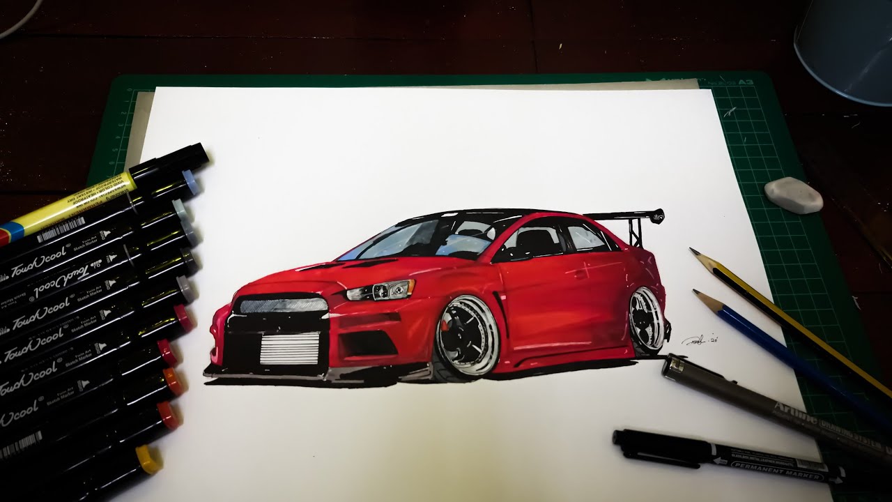 LANCER EVO 10!!!! realistic drawing - freehand draw - YouTube