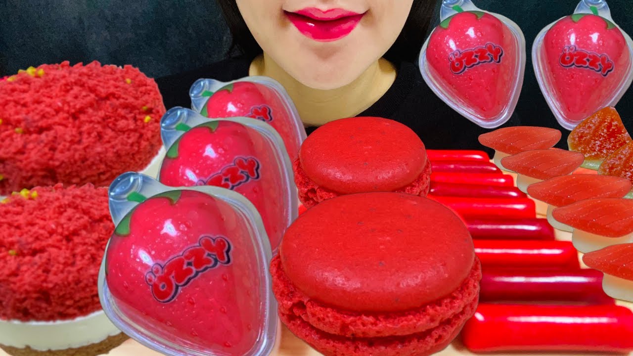 ASMR RED DESSERTS 咀嚼音 赤色デザート STRAWBERRY GUMMY, MACARON, CAKE, HITSCHIES ...