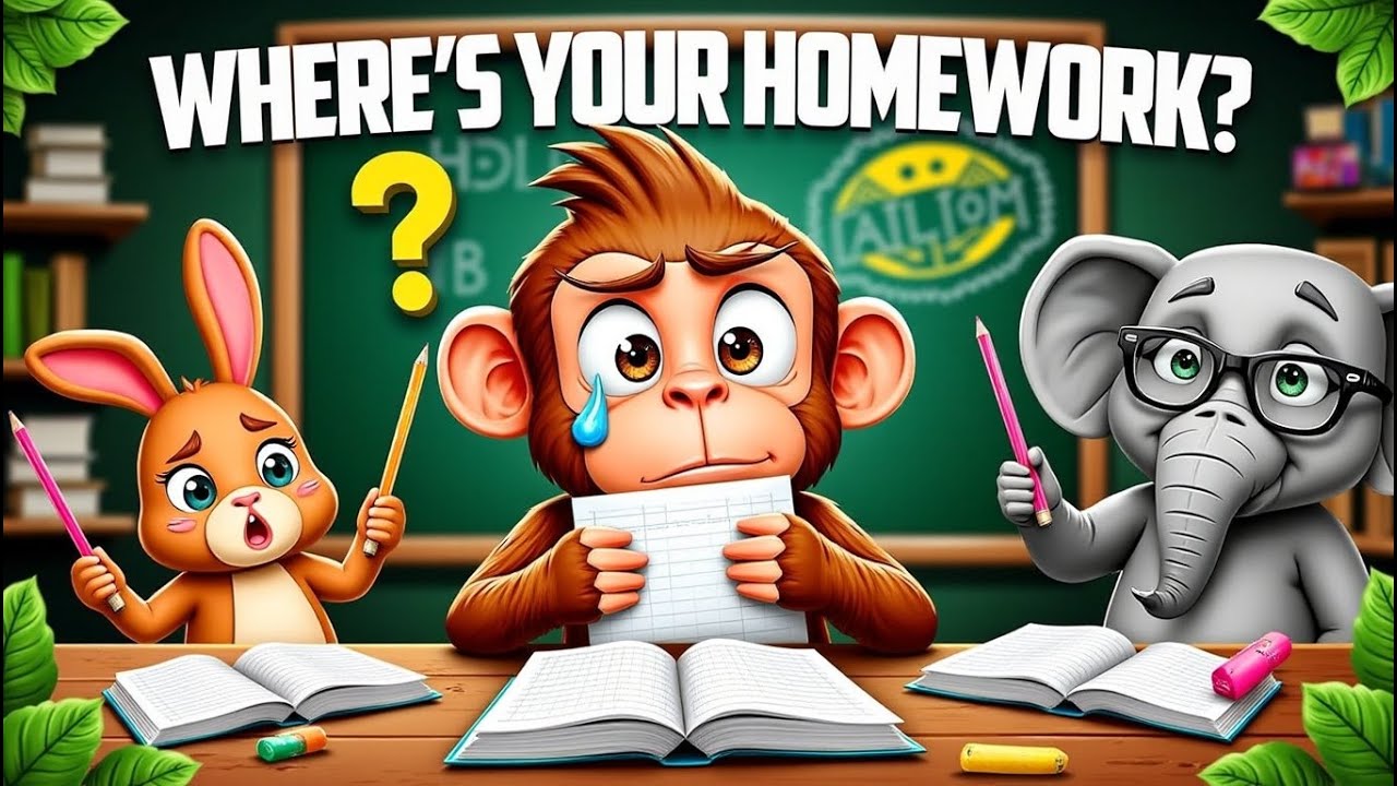 Monkey Forgets His Homework! 🐵📚 | Funny Animal Story for Kids | Learn ...