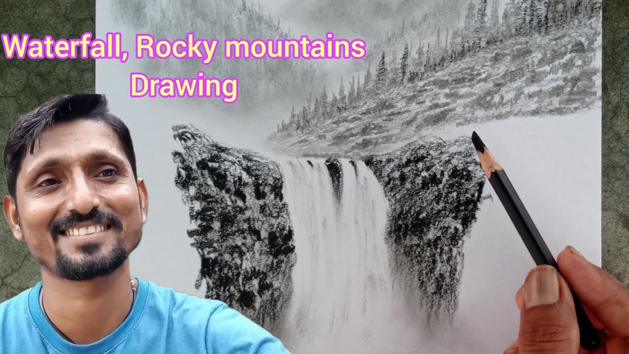 How to draw waterfall with rocky mountain in pencil || Drawing for ...