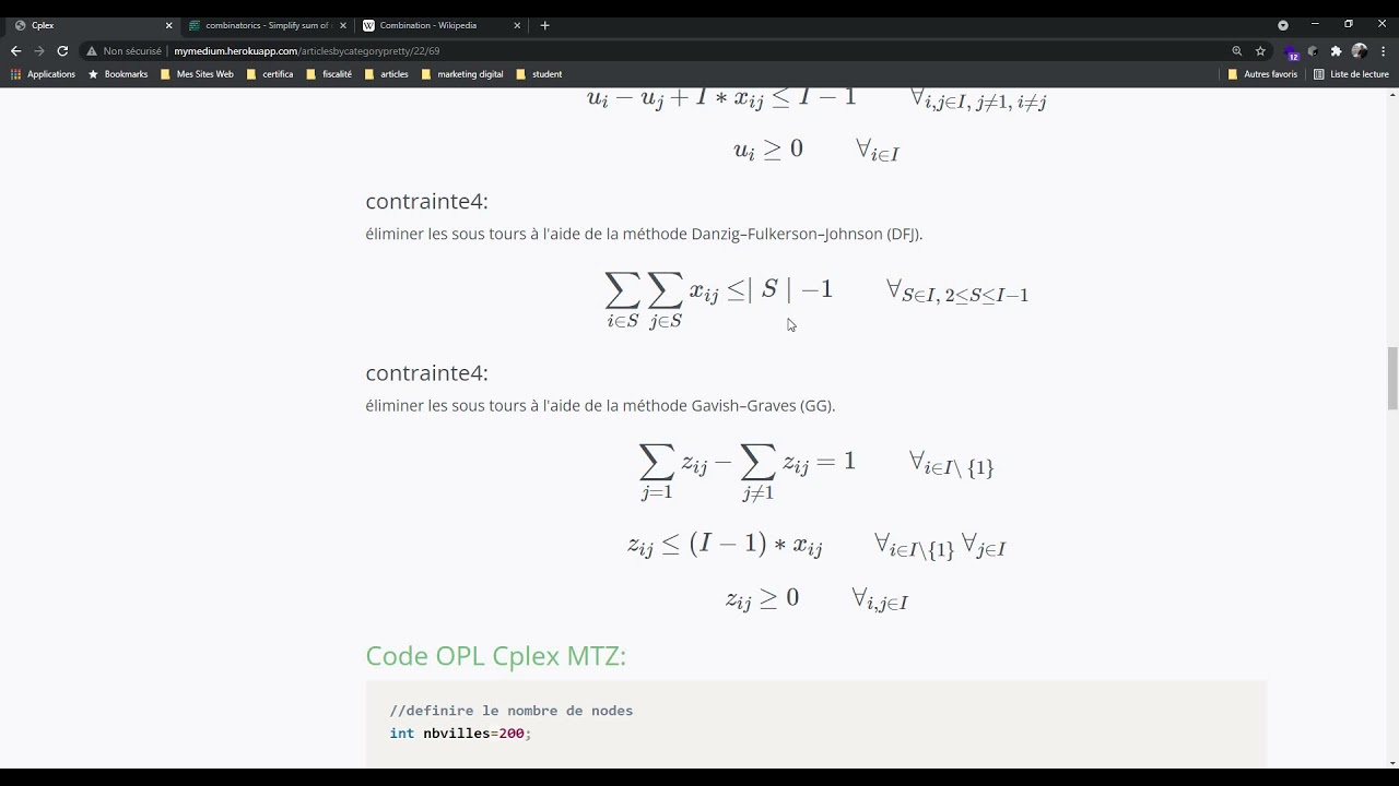 Cplex TSP, traveling salesman problem, élimination des sous tours à l ...
