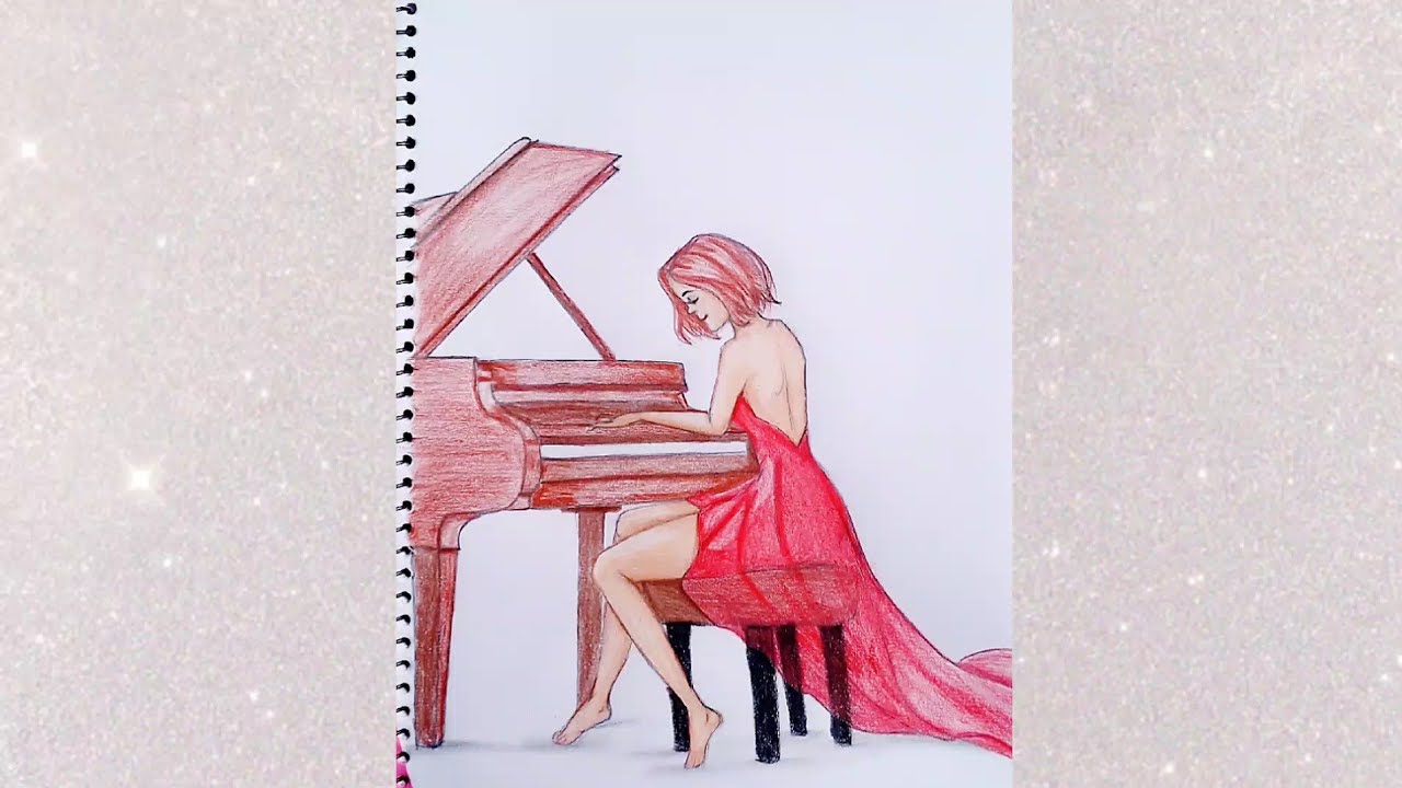 drawing beautiful girl playing piano ||colour pencil drawing tutorial ...