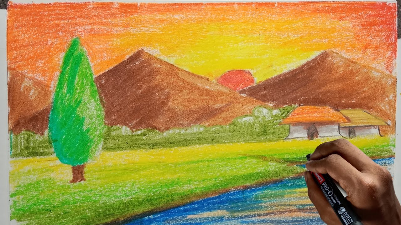 Hills Landscape Drawing // How To Draw sunset in hills landscape - YouTube