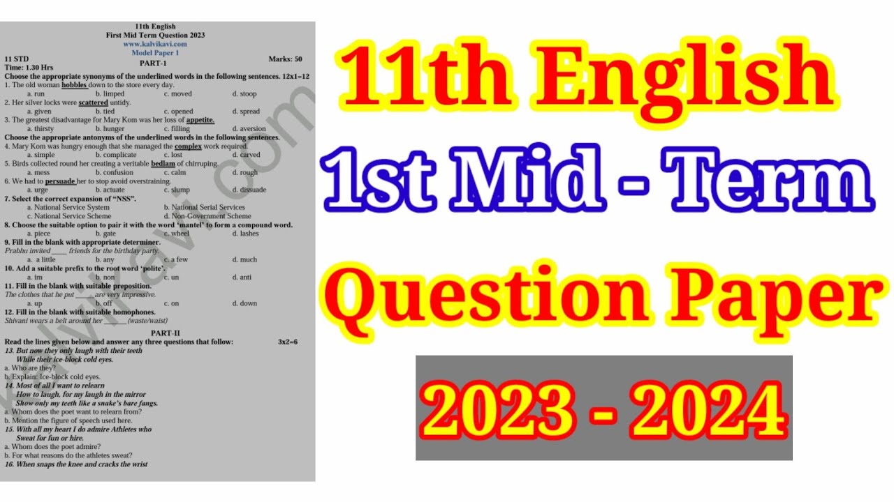 11th English First Mid Term Question Paper 2023 | Important Model ...