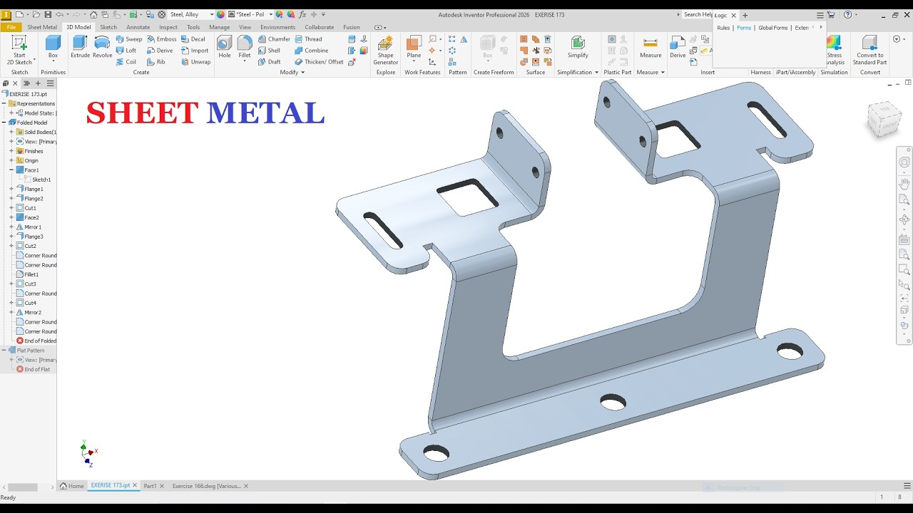 Autodesk inventor Sheet metal tutorial l Sheet Metal EXERCISE 173 - YouTube