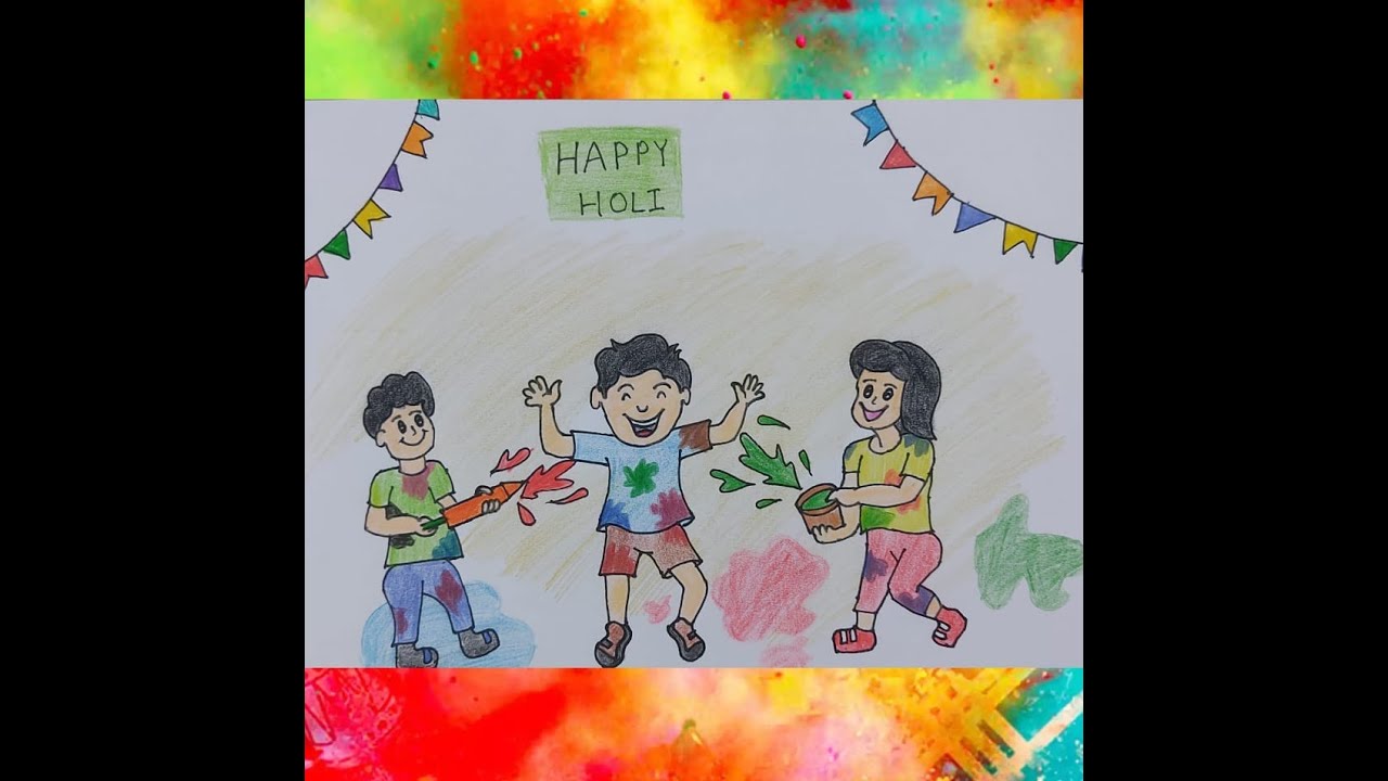 How to draw Holi | Holi festival drawing | होली का चित्र | ધુળેટી નું ...