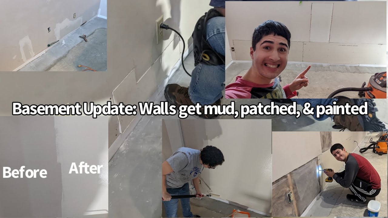 Basement Update: Walls get mud, patched, & painted! - YouTube