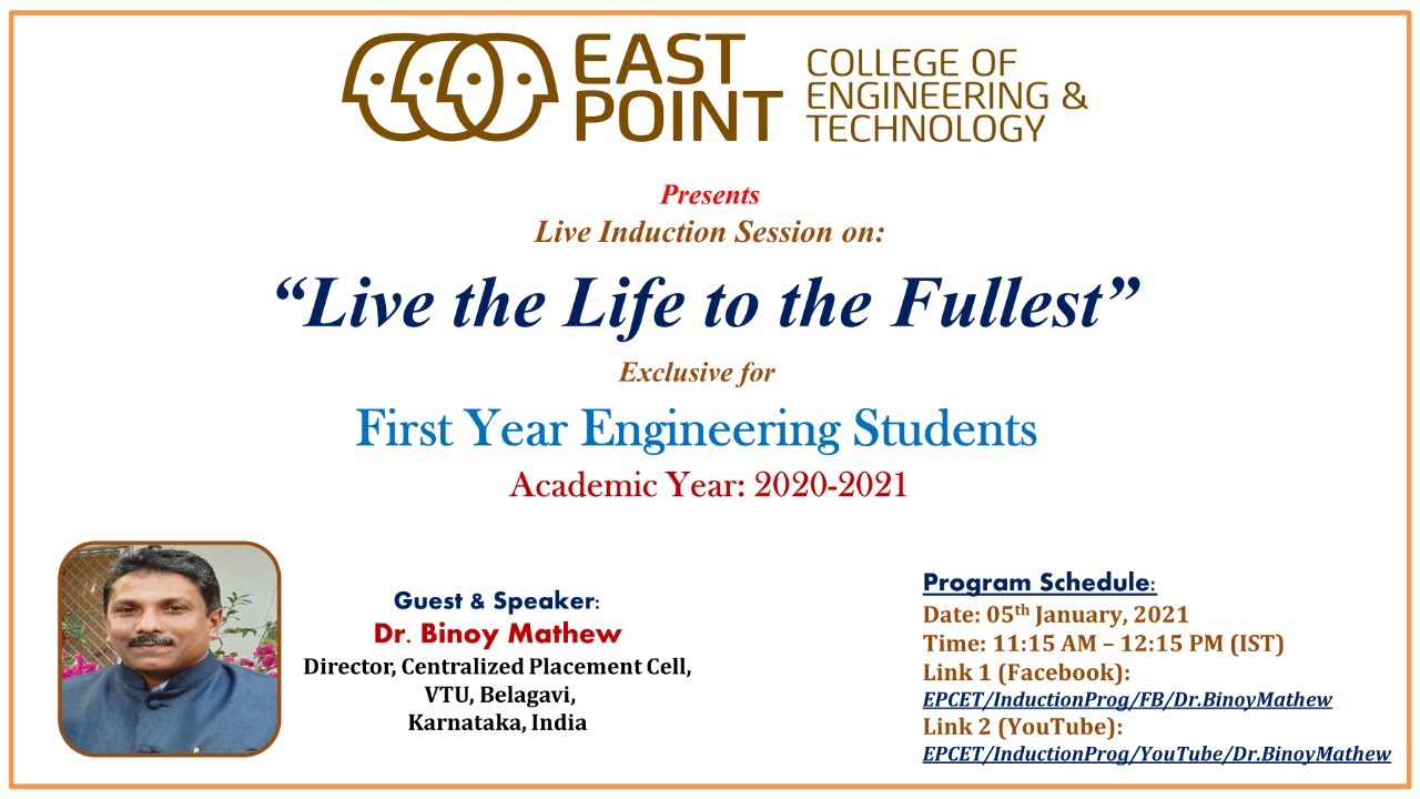 EPCET 1st Year Induction Program by Dr. Binoy Mathew, Director-CPC, VTU ...