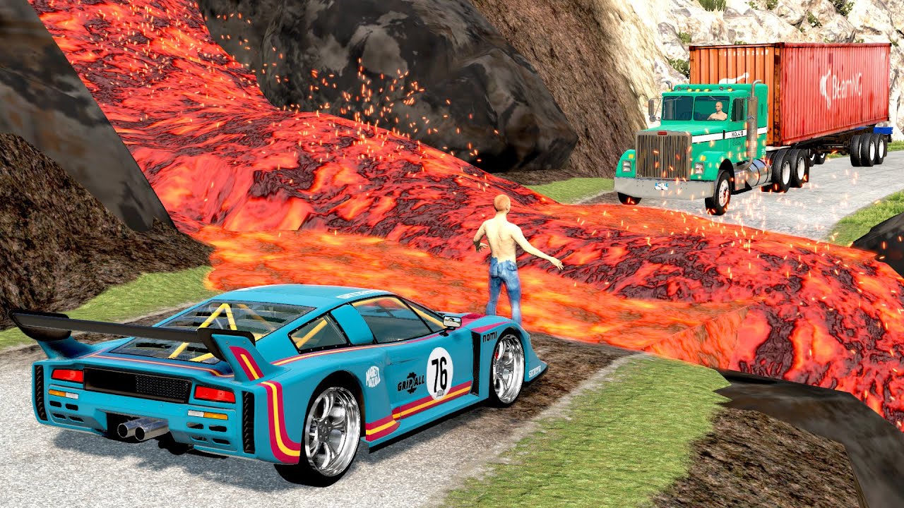 Cars vs Lava Crosses Road - Big Wheels vs Lava River | Trucks vs Giant ...