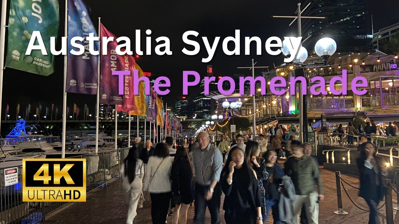 【4K Walk】The night view at Promenade in Darling Harbour in Sydney ...