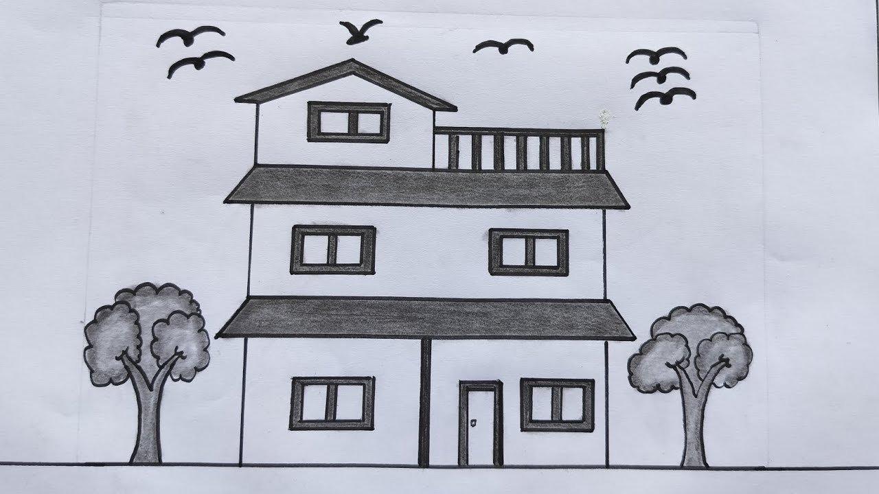 beautiful building house drawing / how to draw a beautiful house/ Ghar ...