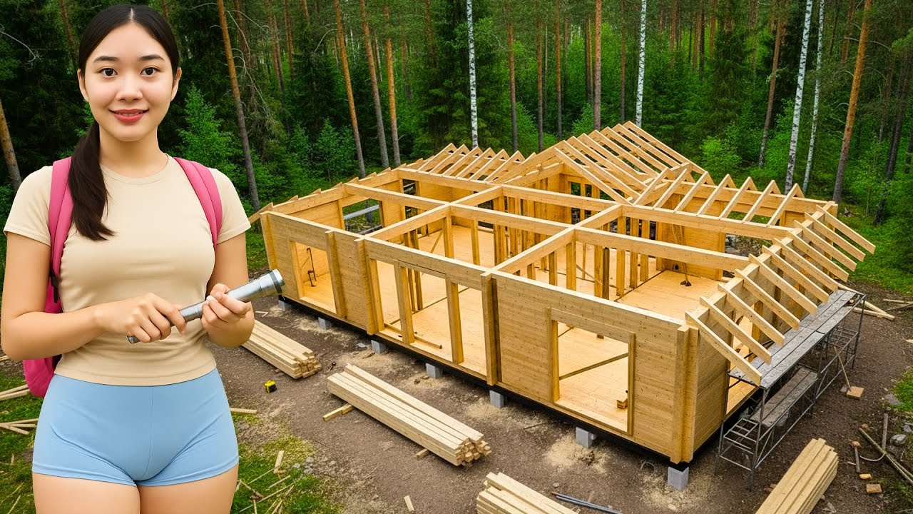From start to finish - A young girl sawed each log alone to build house ...