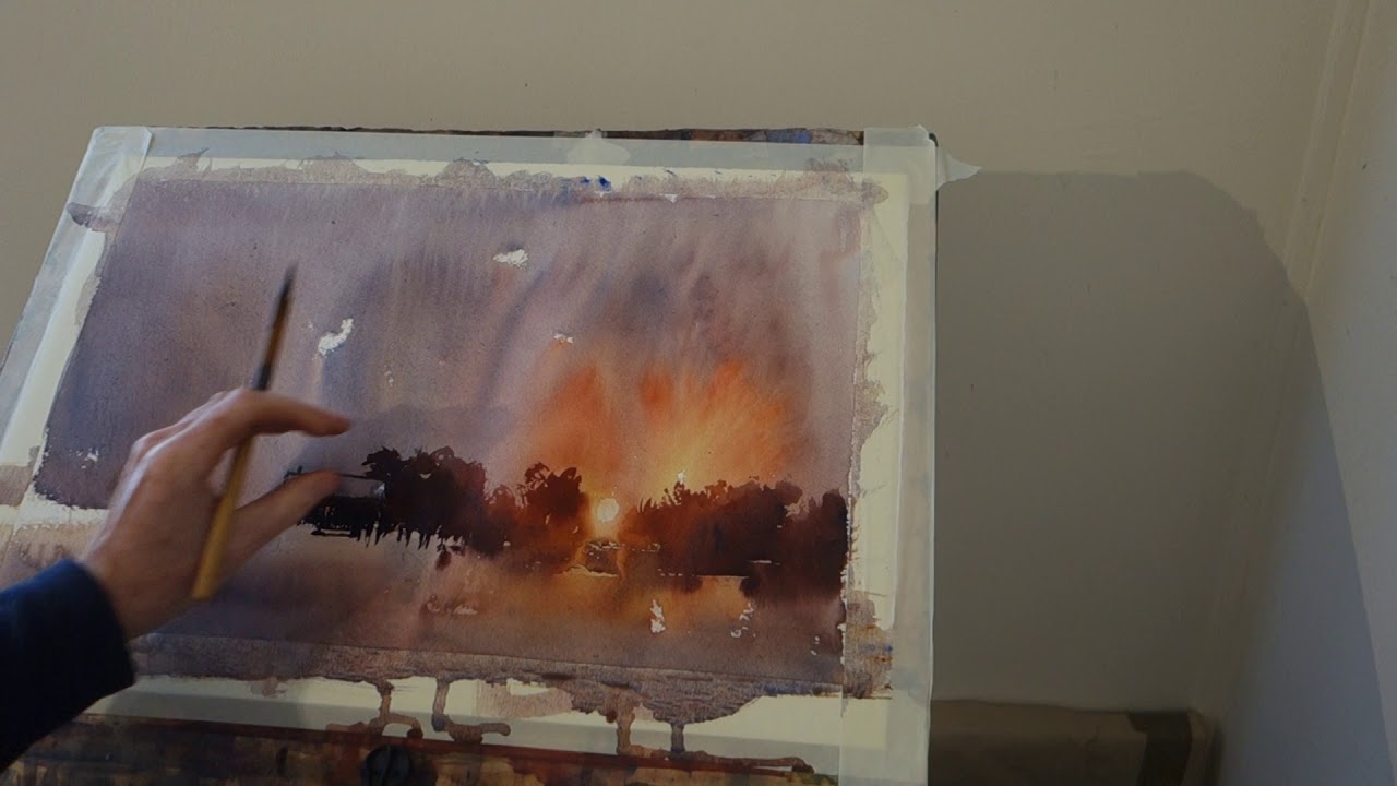 011 Watercolour demonstration tutorial, painting a Sunset landscape ...