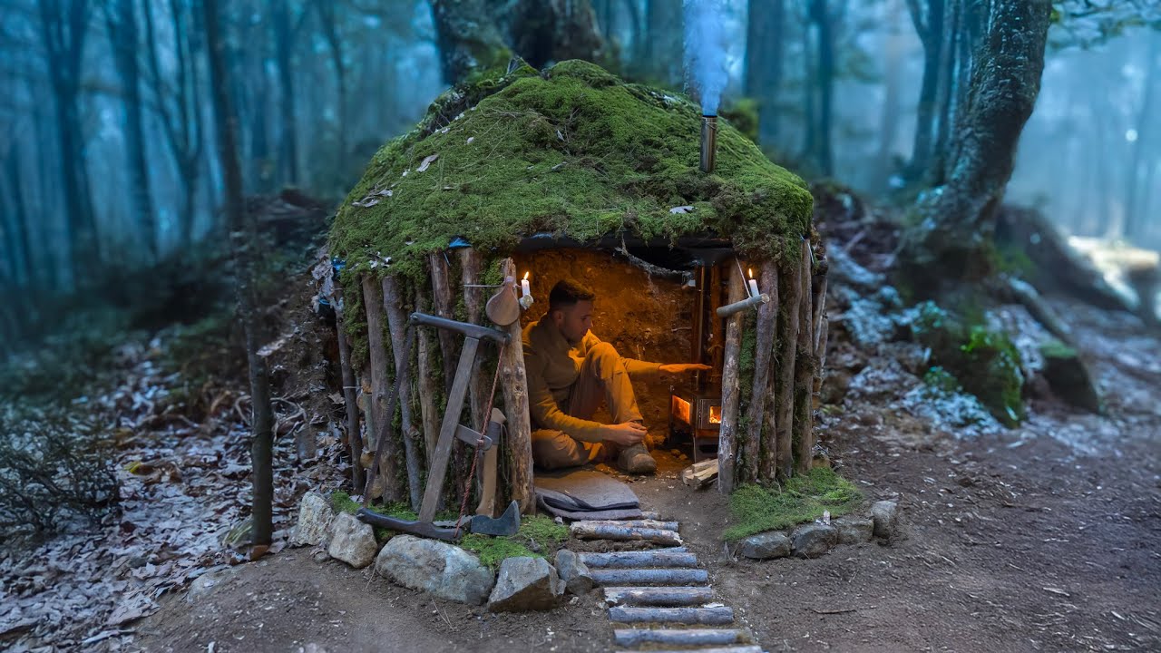 Building a Warm and Cozy Bushcraft Dugout for Survival, 3 Days Solo ...