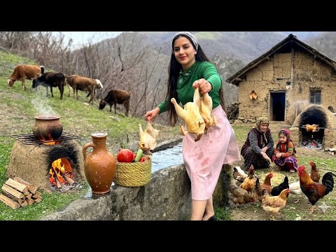 Rural life in IRAN, cooking whole chicken on fire