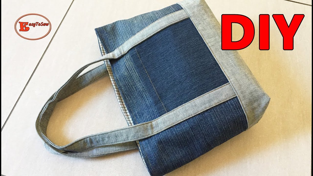DIY CONTRAST DENIM TOTE BAG WITH FRONT POCKET LONG STRAP FROM BOTTOM ...