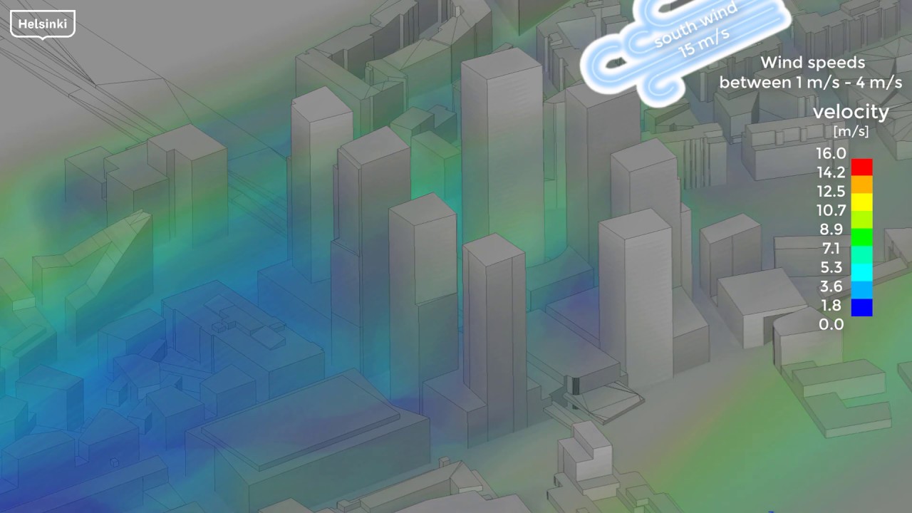 Wind flow simulation of Kalasatama area - YouTube