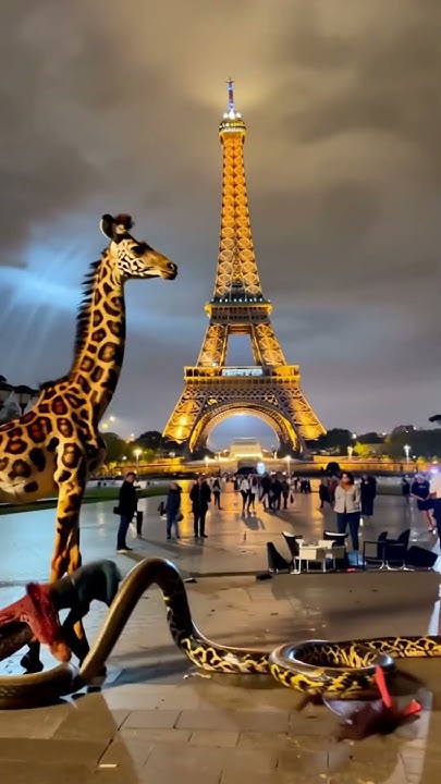 Mother giraffe rescues baby giraffe from giant python at Eiffel Tower # ...