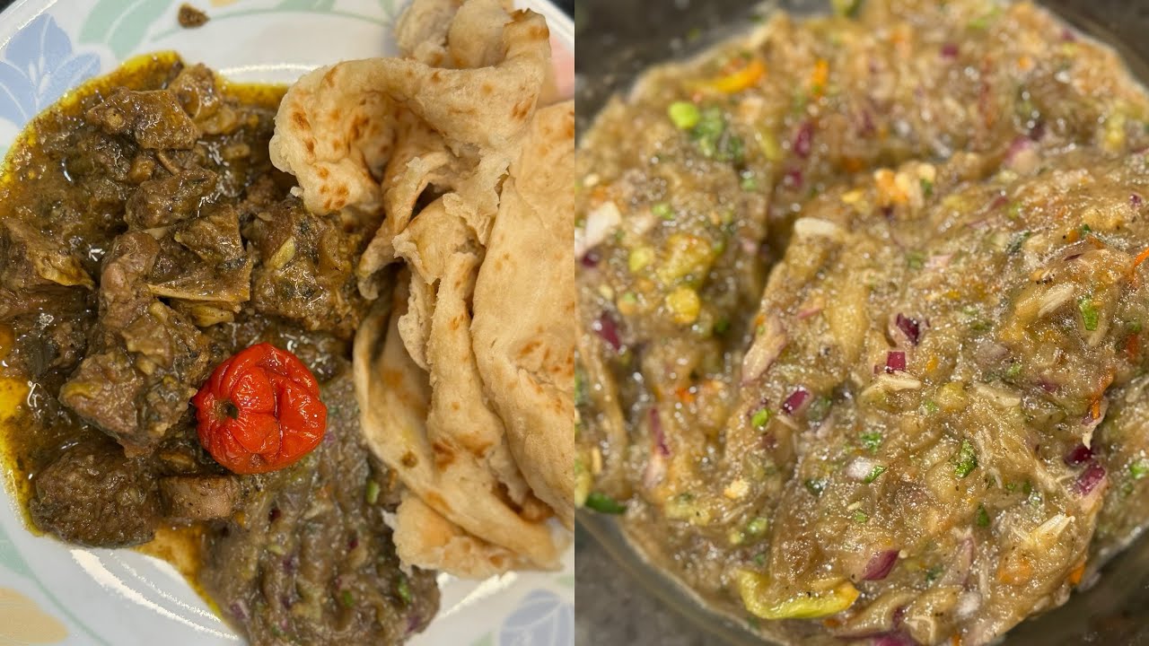 HOW TO MAKE CURRY GOAT BAIGAN EGGPLANT CHOKA AND ROTI - YouTube
