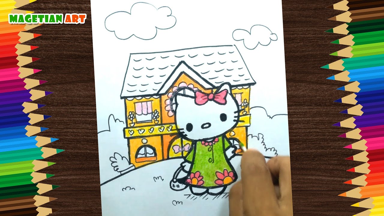 How to Draw Hello Kitty with House | Easy Simple Drawing Coloring - YouTube