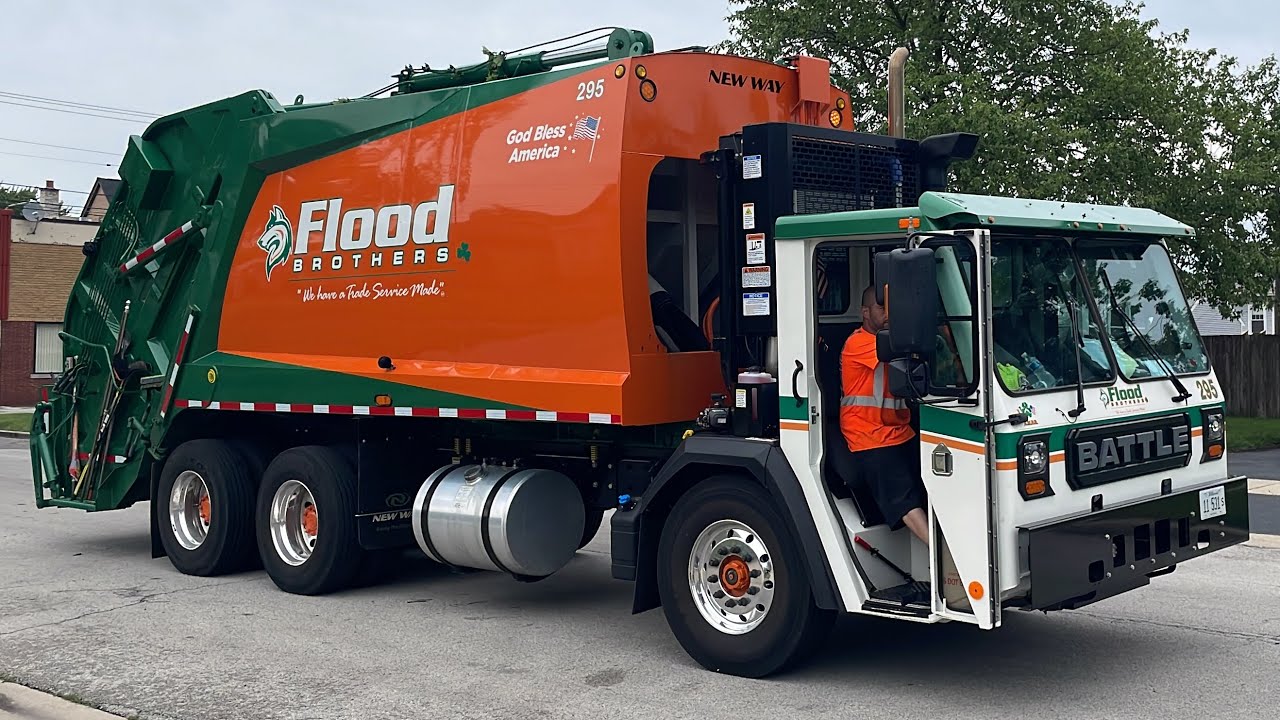Brand New Flood Brothers Battle New Way Rear Loader Garbage Truck - YouTube