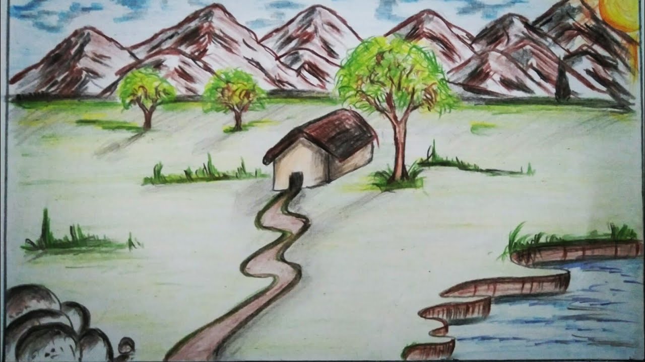 Beautiful Scenery Drawing Using Pencil Colors - YouTube