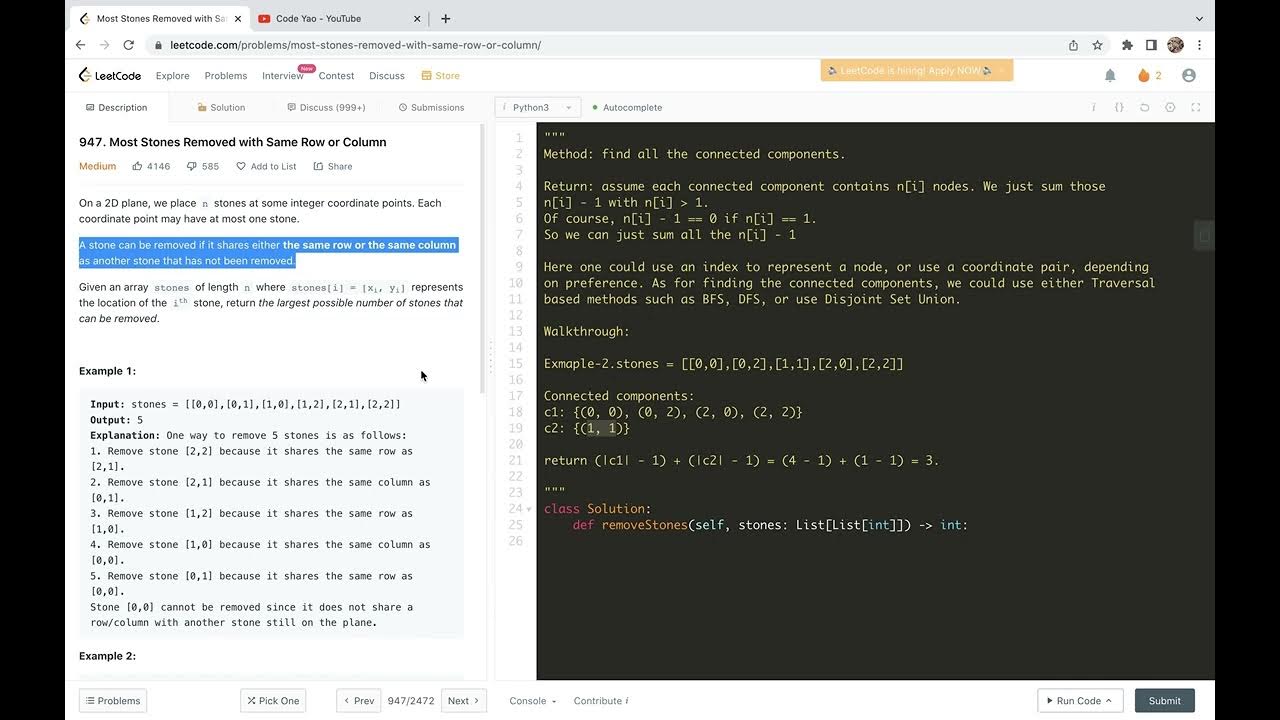 leetcode 947. Most Stones Removed with Same Row or Column - identify connected components then ...