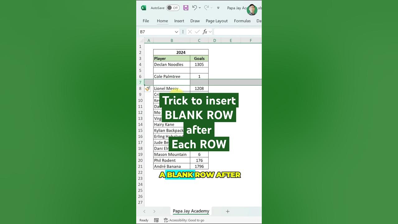 Excel - Trick to insert BLANK ROW after each ROW - YouTube