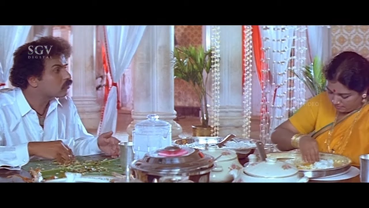 Malashree Eating in Ravichandran's Plate | Ramachari Kannada Movie ...