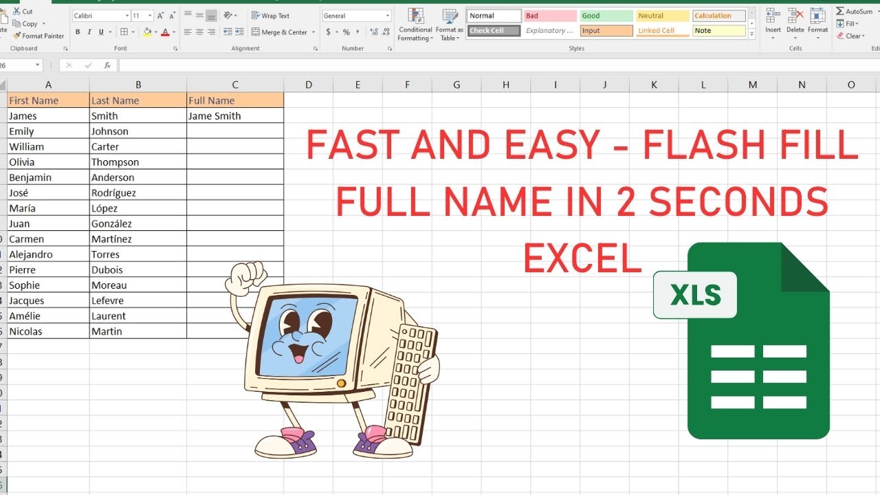 FAST AND EASY - Flash Fill- Full Name in 2 seconds - EXCEL - YouTube