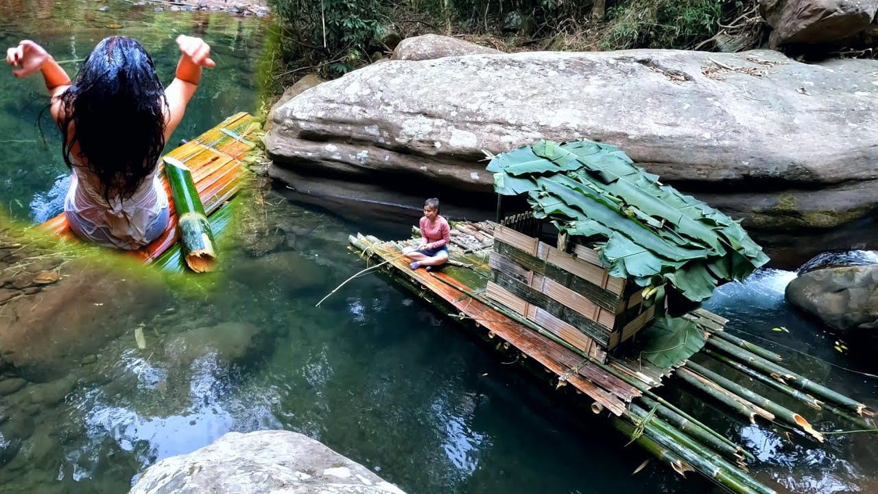 Solo Bushcraft, camp, build a shelter on the water, cook on the river ...