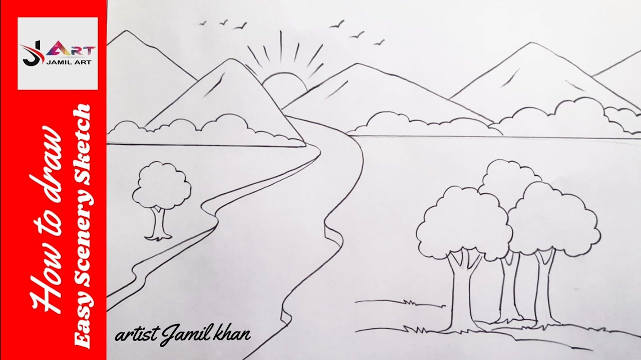 How to draw Easy Scenery Sketch/Sketch Drawing Scenery Tutorial/Step-by ...