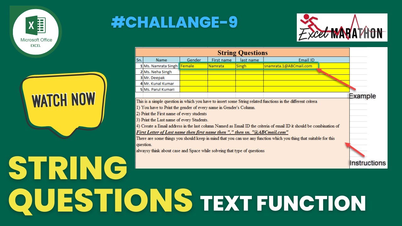 Part 2 Task 13 How To Use String Function In Microsoft Excel Excelmarathon Youtube