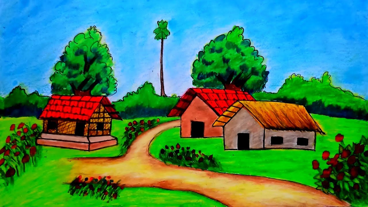 How to Draw Beautiful Village Landscape Scenery | House Village Scenery ...